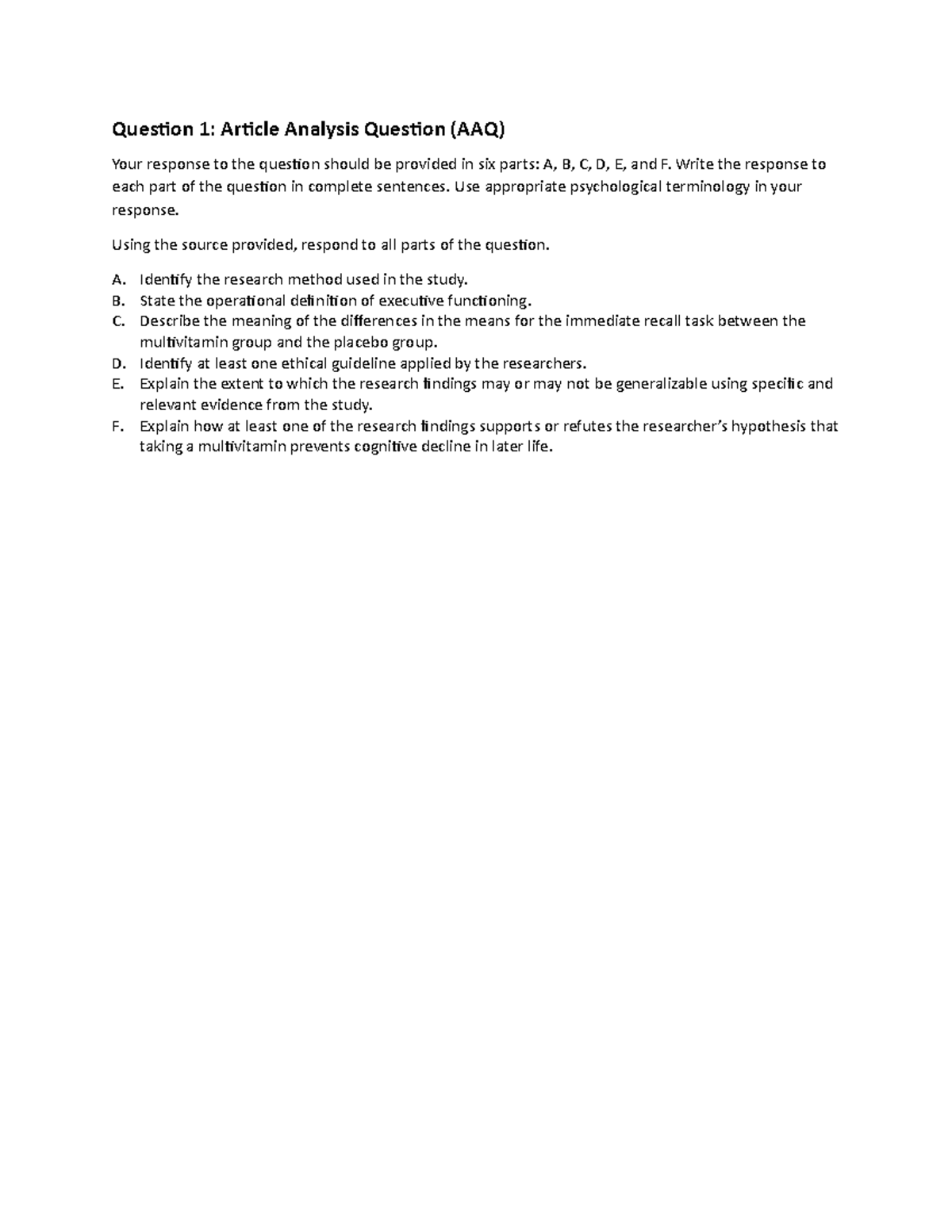 AAQ: Article Analysis on Multivitamin Effects on Memory - Studocu