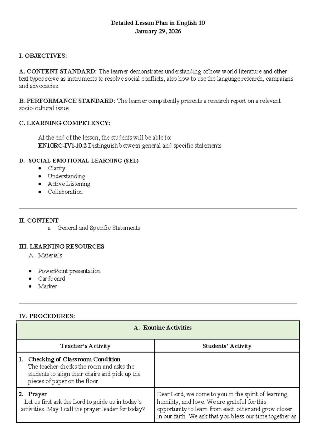 Detailed Lesson Plan: General vs. Specific Statements - EN10 - Studocu