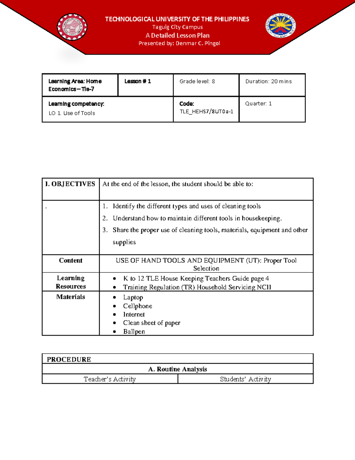 TLE 8 Lesson Plan: Use of Hand Tools in Housekeeping - Studocu