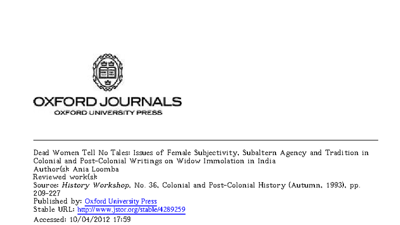 Dead Women Tell No Tales: Female Subjectivity & Widow Immolation in ...