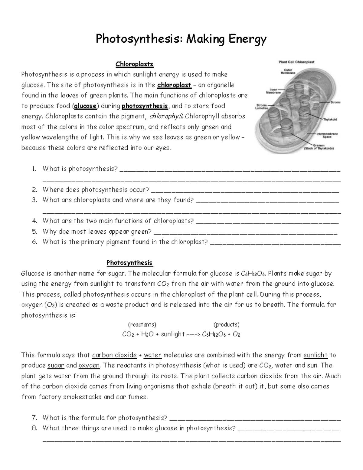 Photosynthesis Worksheet - Photosynthesis: Making Energy Chloroplasts ...