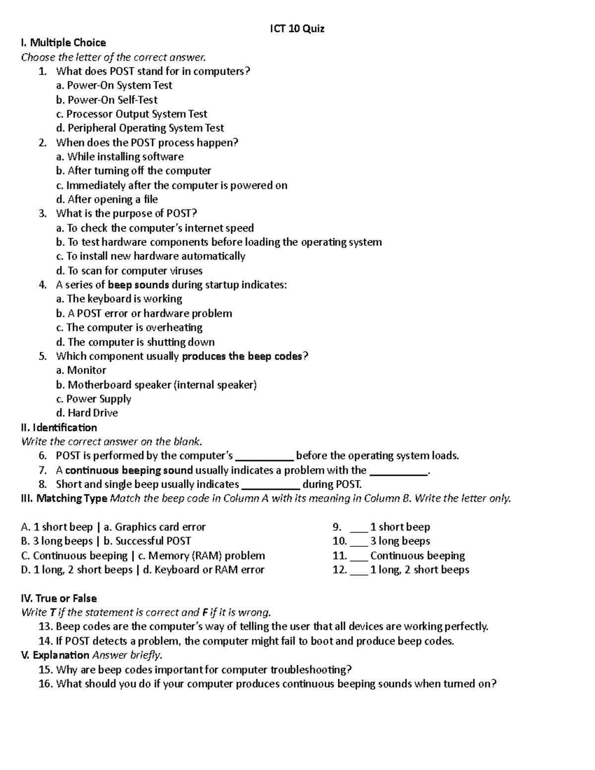 ICT 10 Quiz I: Understanding POST and Beep Codes - Studocu