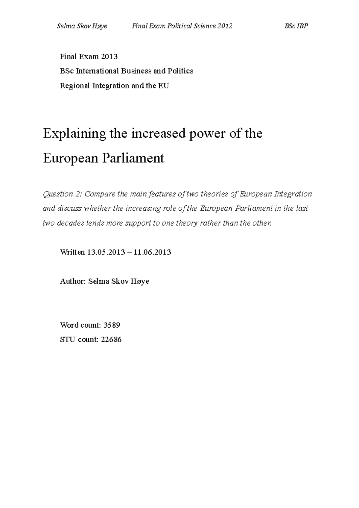 BSc IBP Final Exam: The Rise of the European Parliament and Integration ...