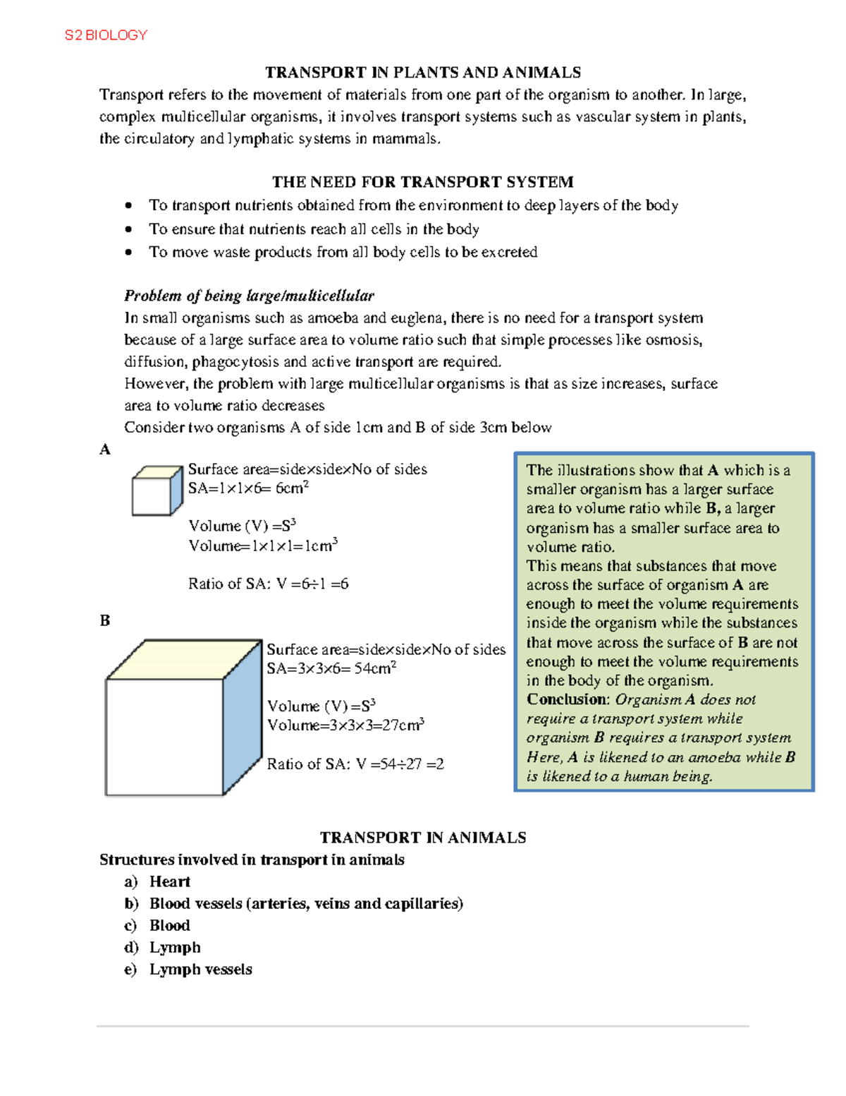 S2 BIOLOGY: Transport Mechanisms in Plants and Animals - Studocu