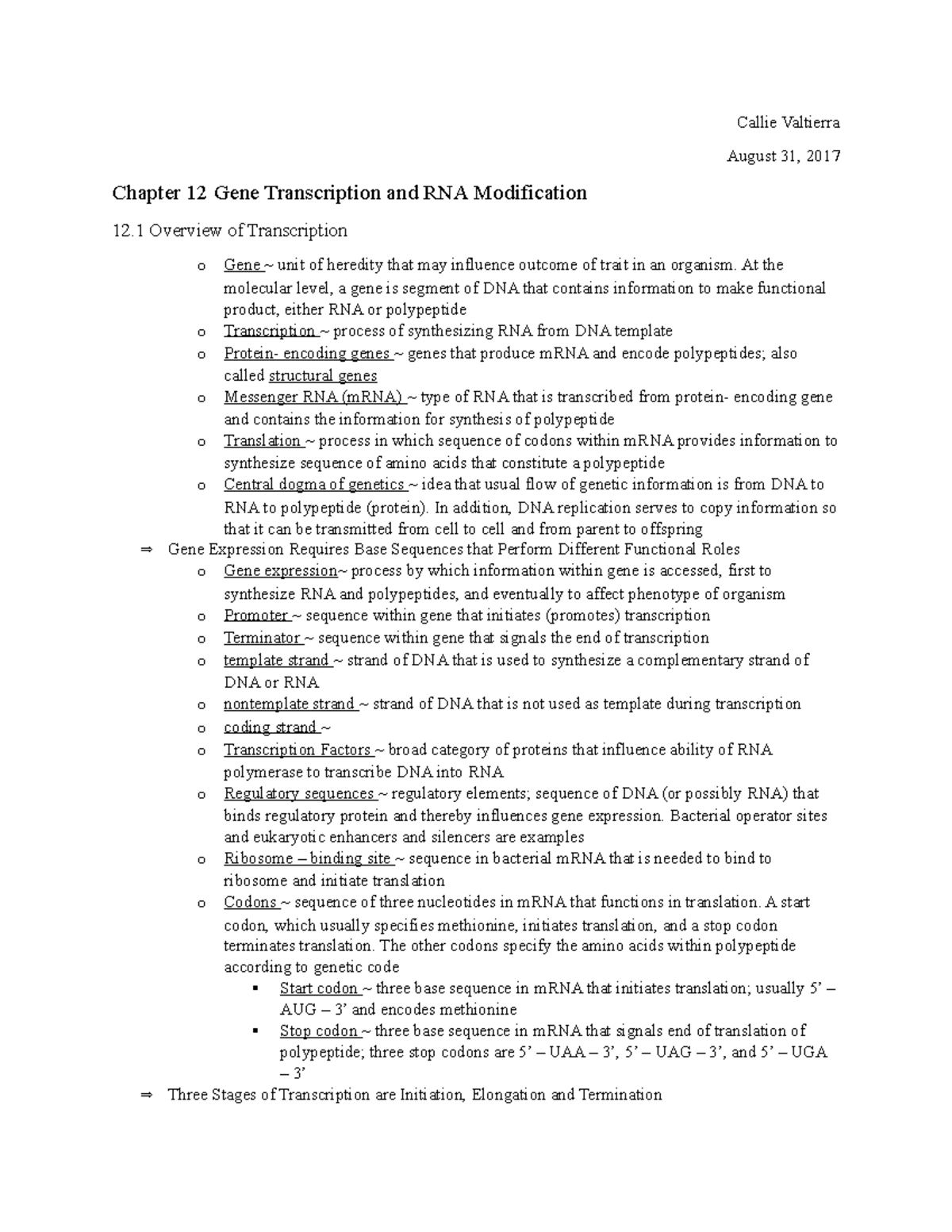 Chapter 12 - Gene Transcription and RNA Modification - At the molecular ...