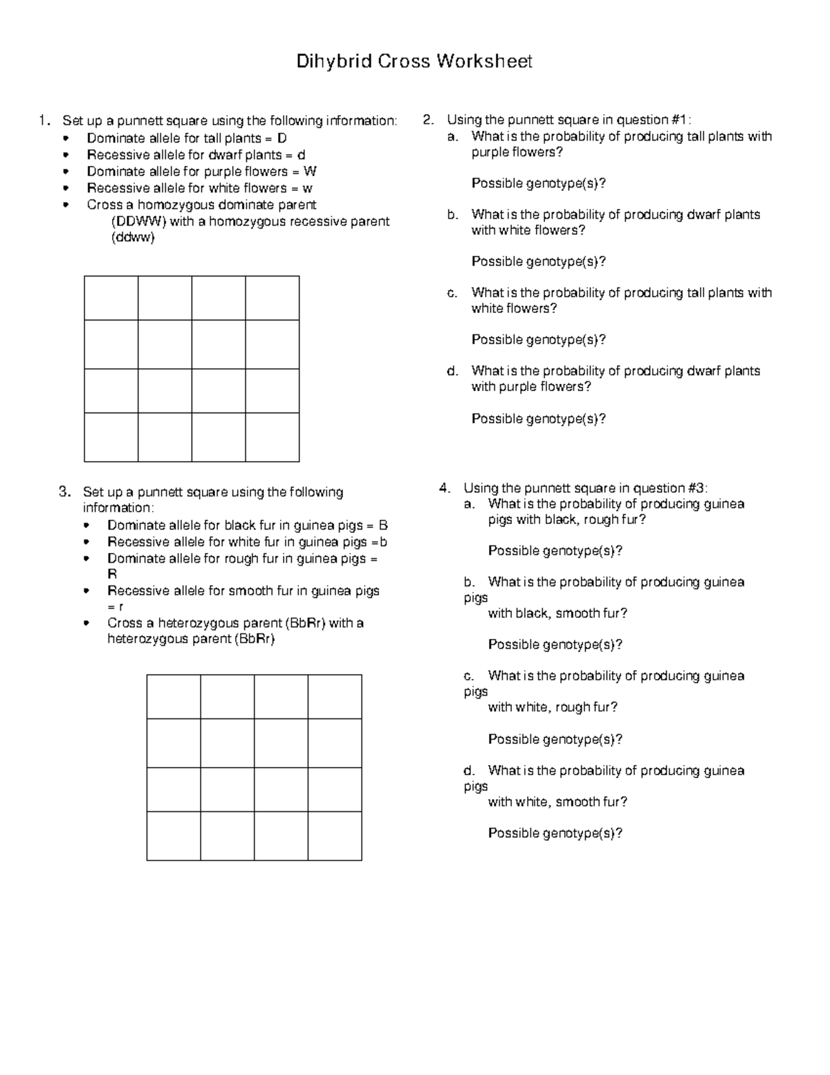 Dihybrid Punnett Square Problems