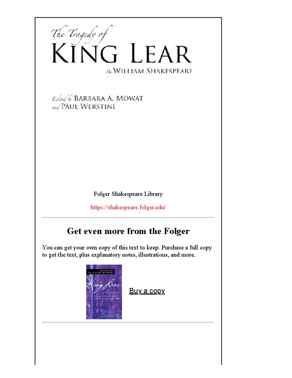 King Lear (Folger Shakespeare Library) - Text and Editorial Insights ...