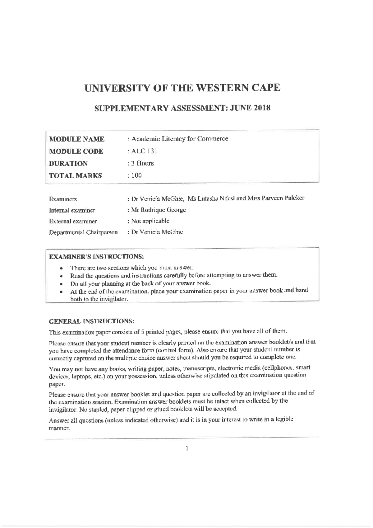 ALC 131: Academic Literacy for Commerce Exam Questions - June 2018 - Studocu