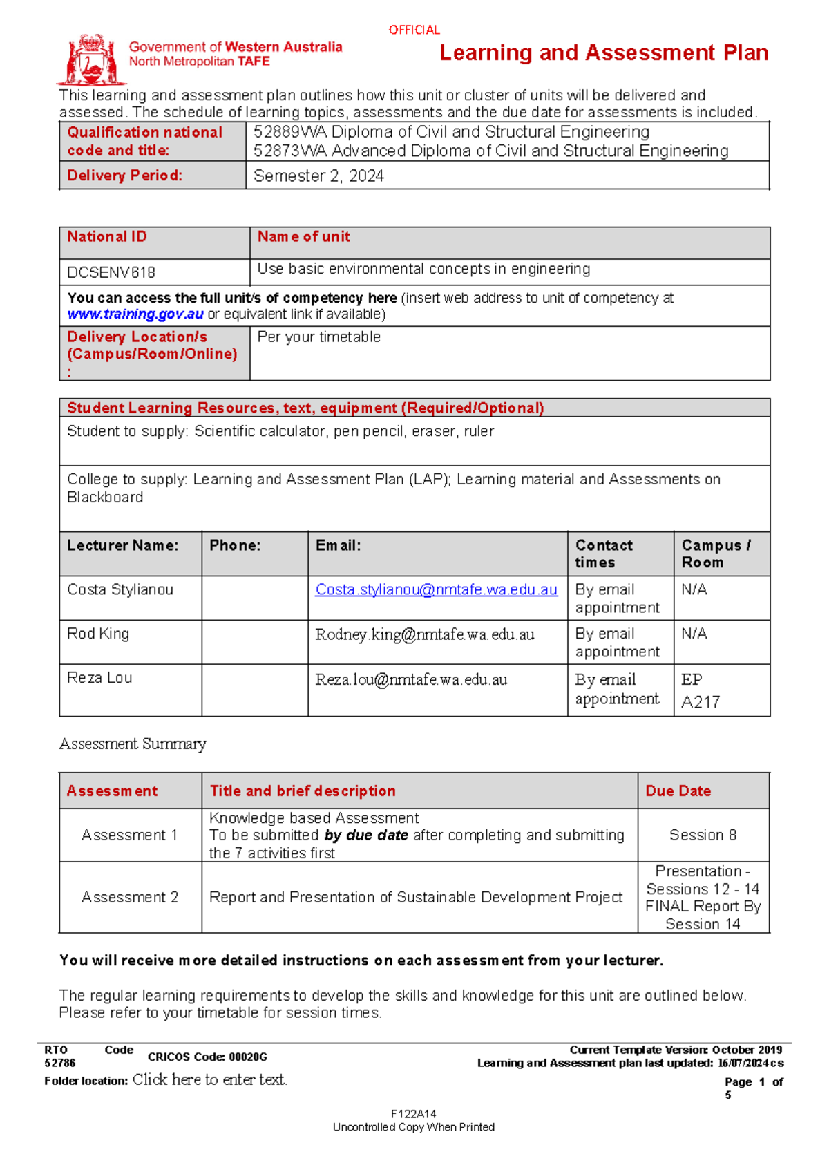 LAP DCSENV618 Learning & Assessment Plan - Semester 2, 2024 - Studocu