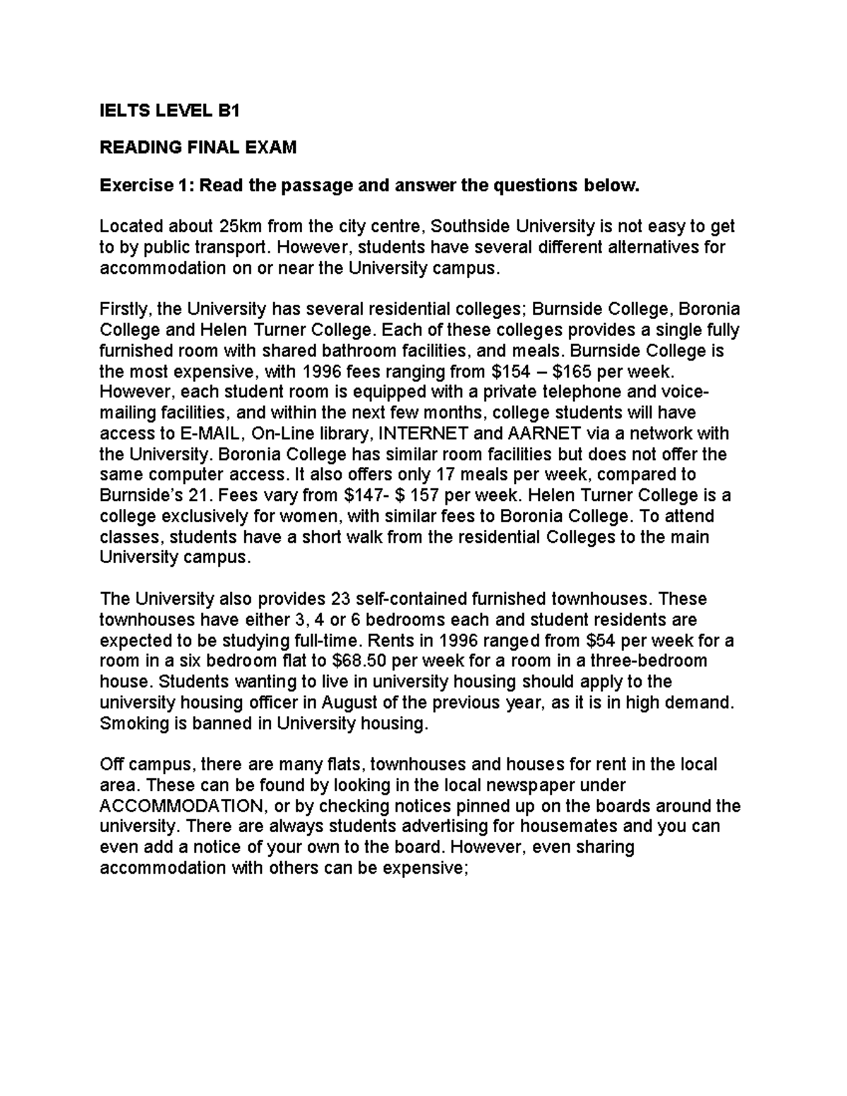 Reading - Final Questions - IELTS LEVEL B READING FINAL EXAM Exercise 1 ...