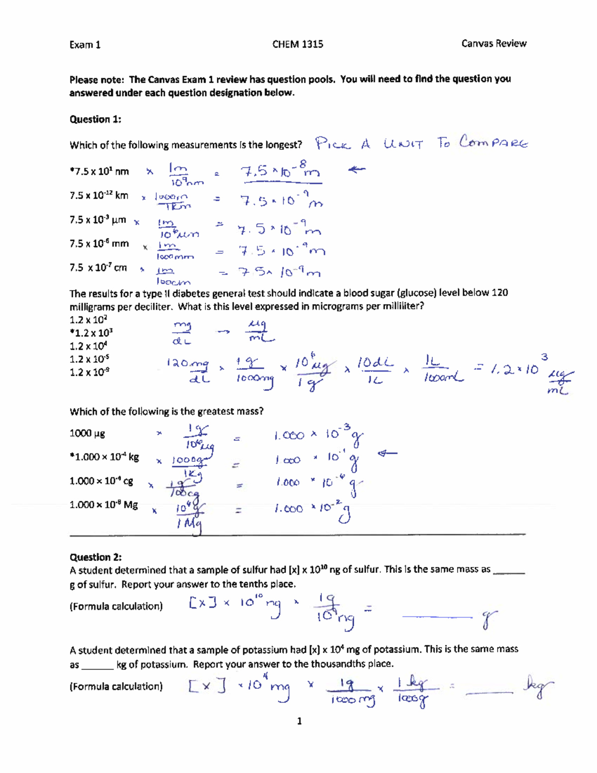 Final Exam Study Guide - Course Code: XYZ 101 - Exam 1 CHEM 1315 Canvas ...
