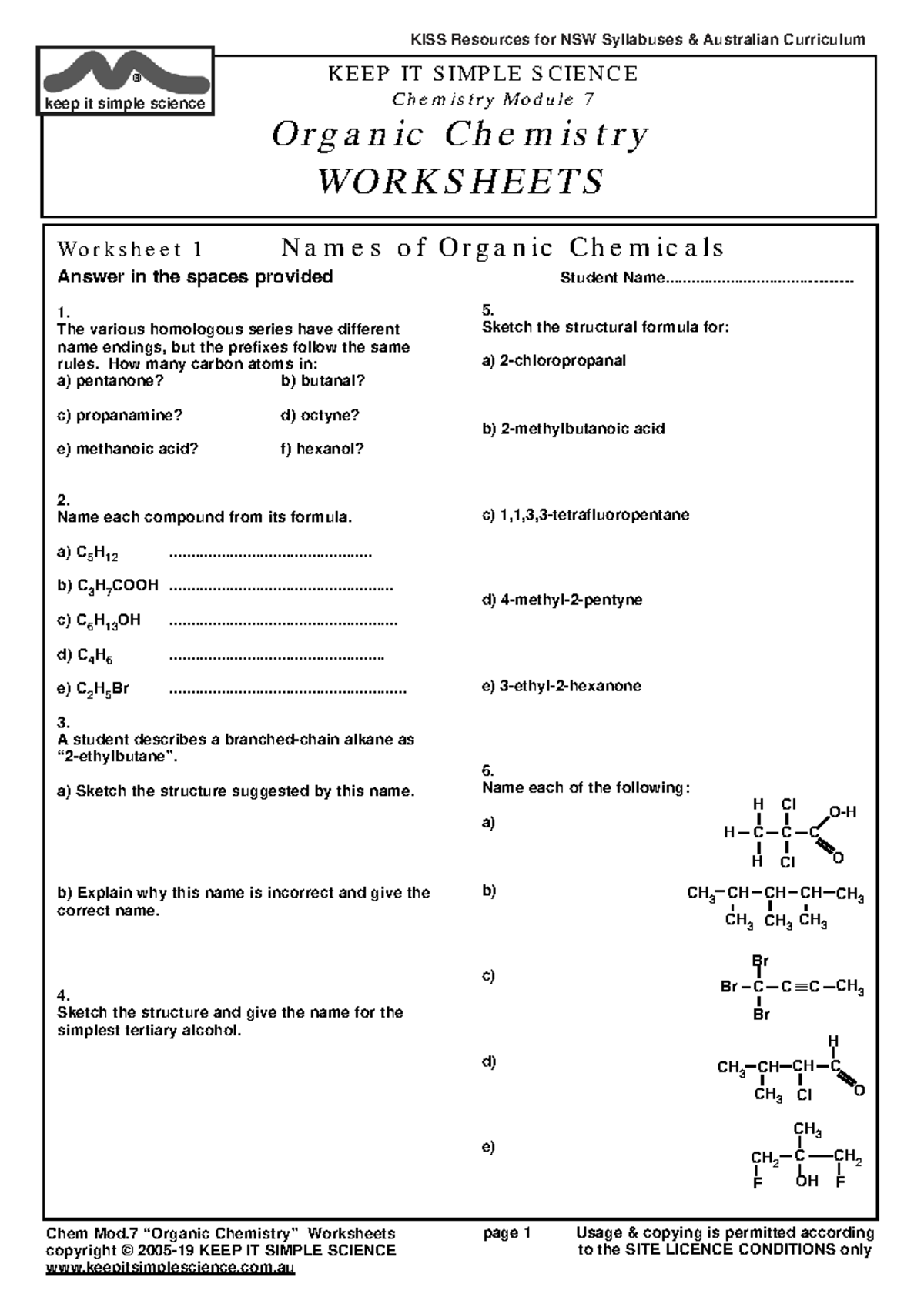 Module 7 Worksheets: Organic Chemistry and Hydrocarbons Study Guide ...