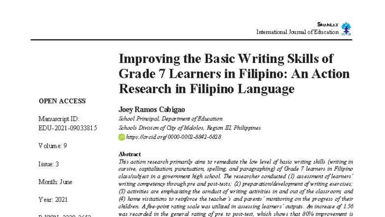 Improving Basic Writing Skills of Grade 7 Learners in Filipino: Action ...