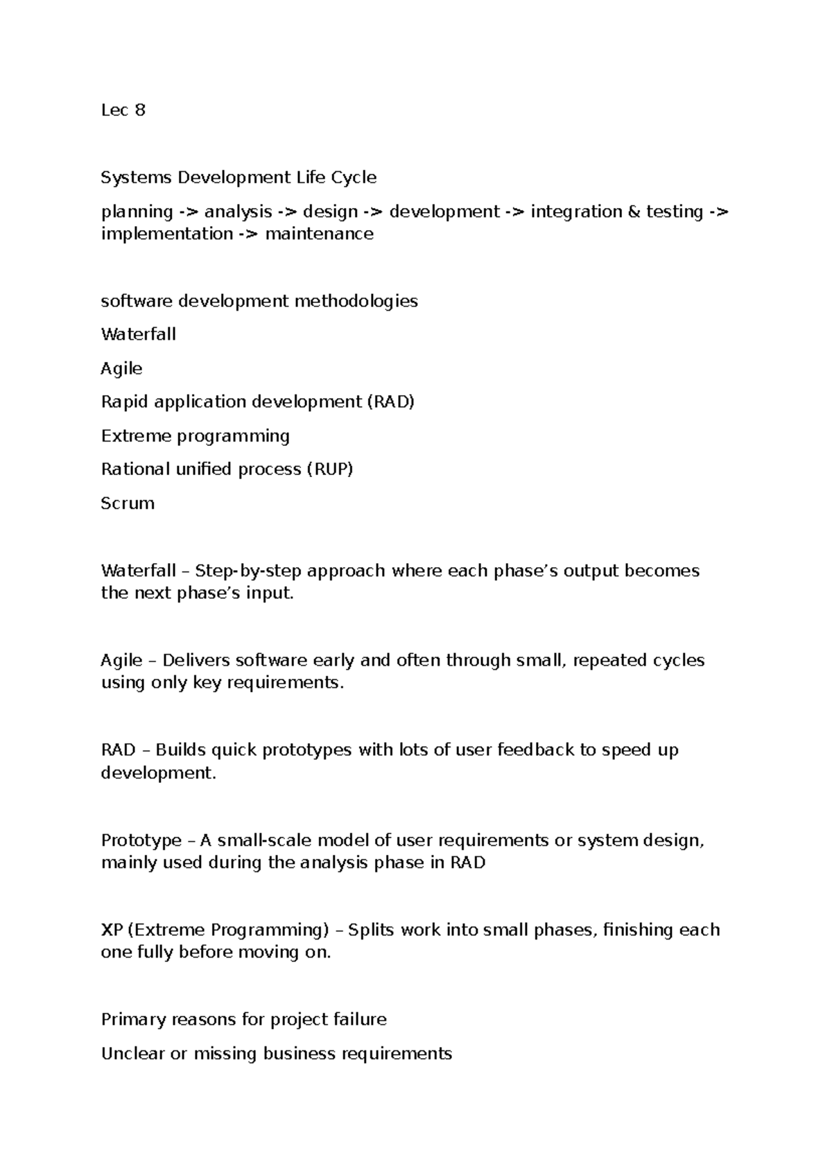 Lec 8 - Systems Development Life Cycle & Methodologies Notes - Studocu