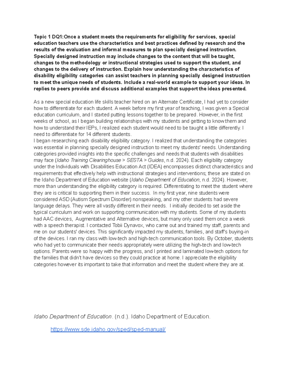 Sped 506 Week 1 Discussion: Planning for Unique Student Needs - Studocu