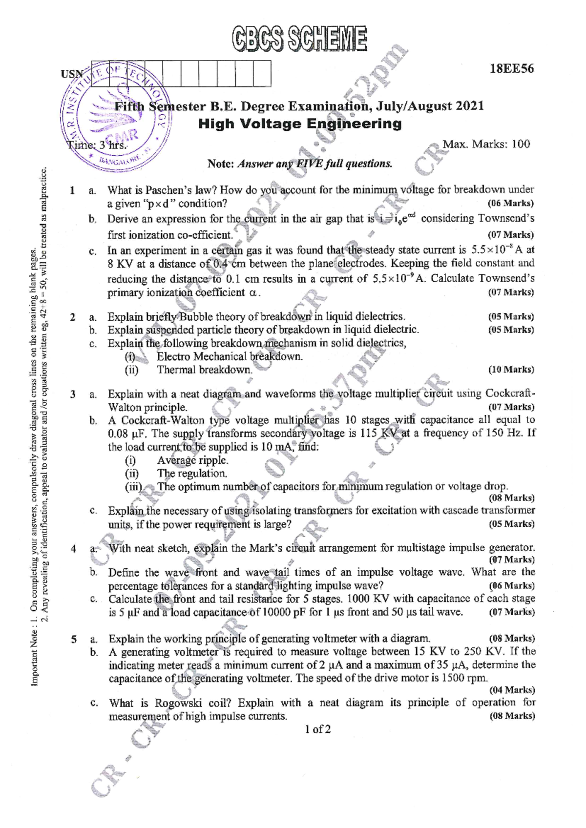 VTU Question Paper of 18EE56 High Voltage Engineering Aug-2021 - CBCS ...