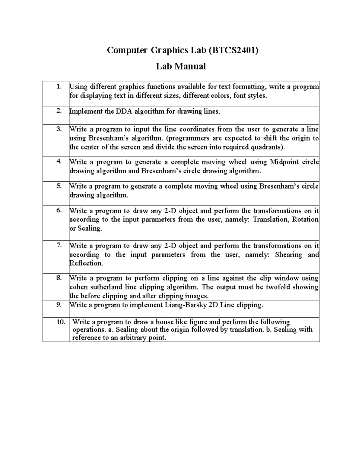 Computer Graphics Lab (BTCS2401) Comprehensive Lab Manual - Studocu