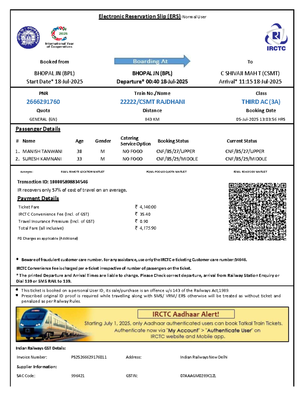 Electronic Reservation Slip for Train BPL to CSMT - PNR 2666291760 ...