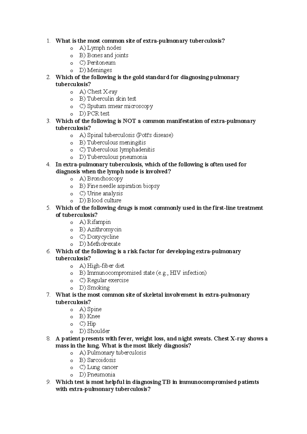MCQ TB - Common Questions on Tuberculosis Diagnosis and Treatment - Studocu