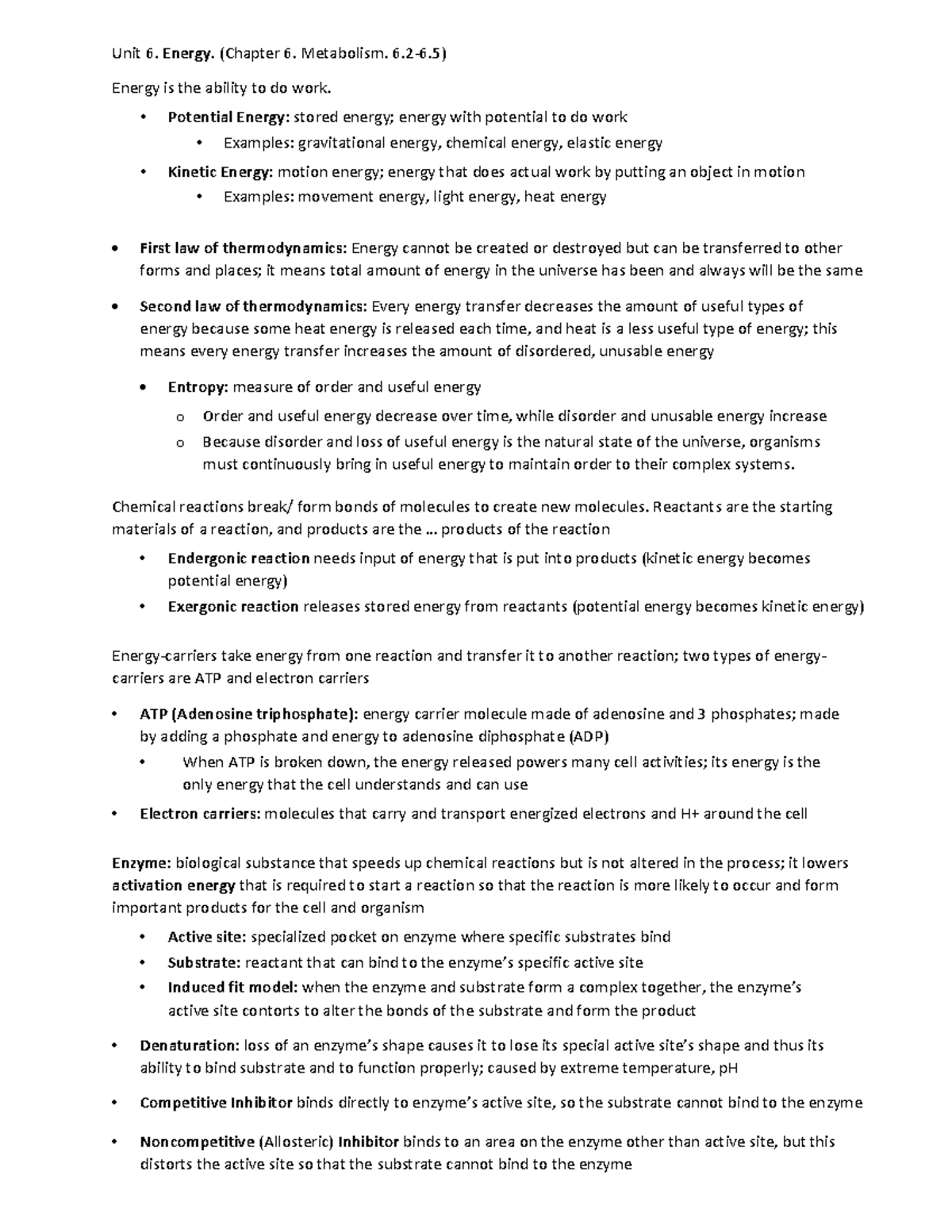 Energy and Metabolism: Chapter 6 Overview (BIO 101) - Studocu