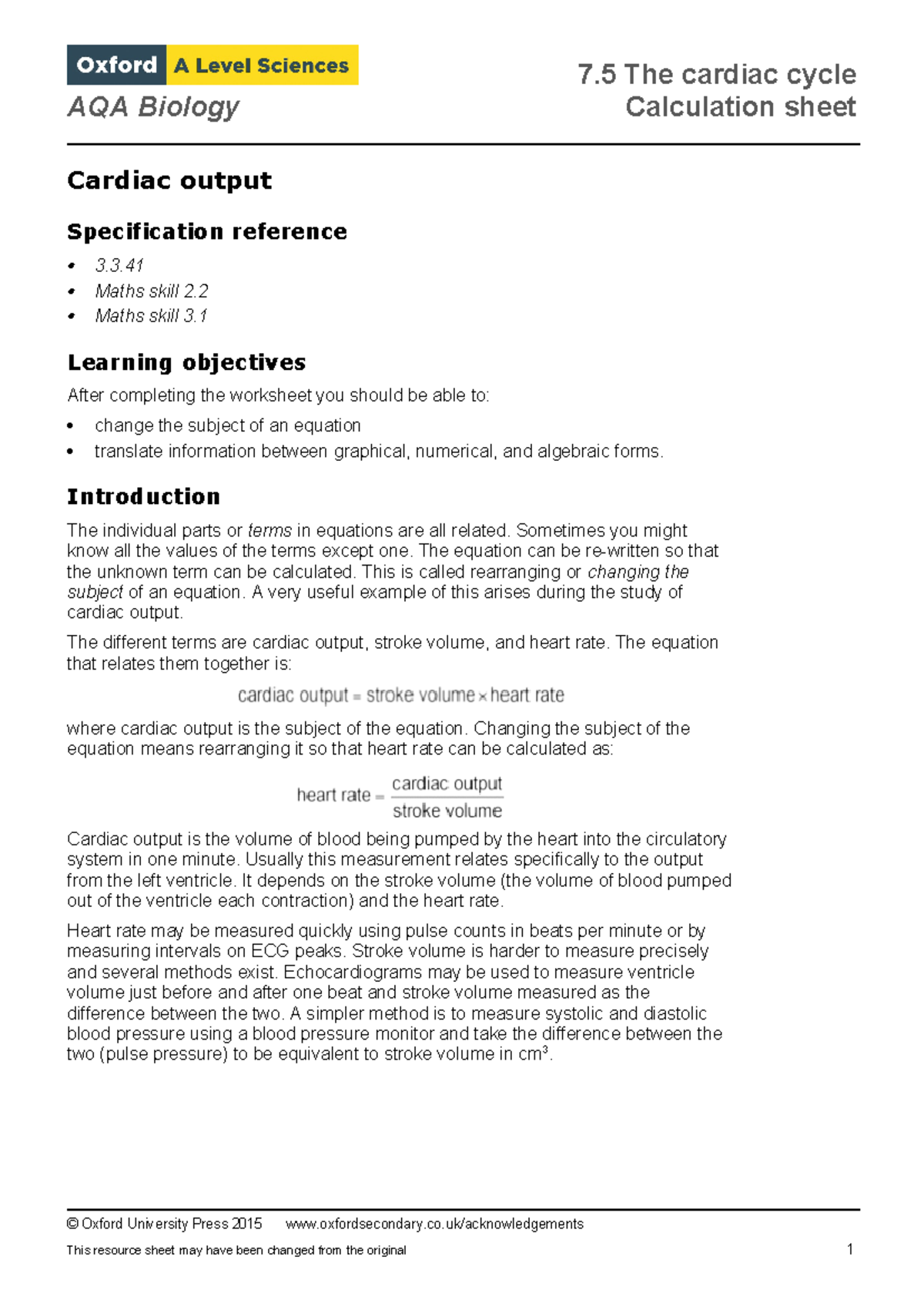 AQA Biology Cardiac Output Calculation Sheet and Worked Examples - Studocu