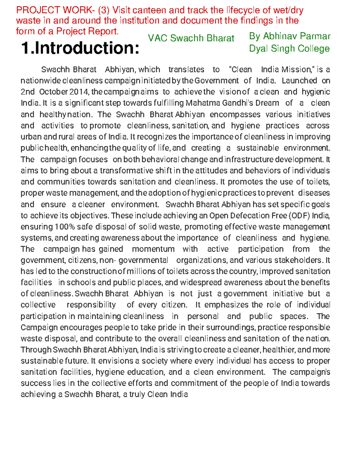 Swachh Bharat Mission: A Study on Sanitation Practices at DSC - Studocu