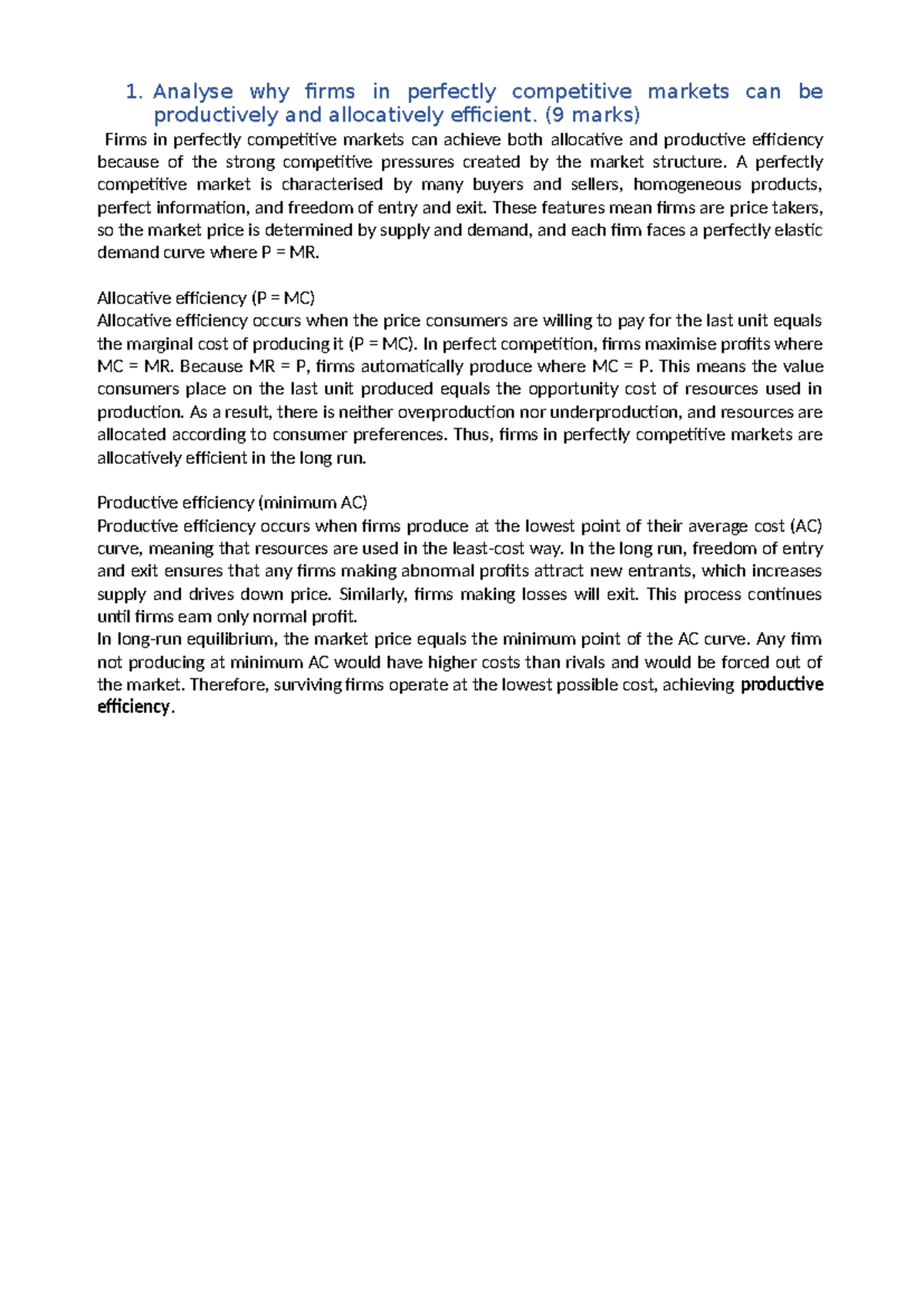 Analysis of Productive and Allocative Efficiency in Perfect Competition ...