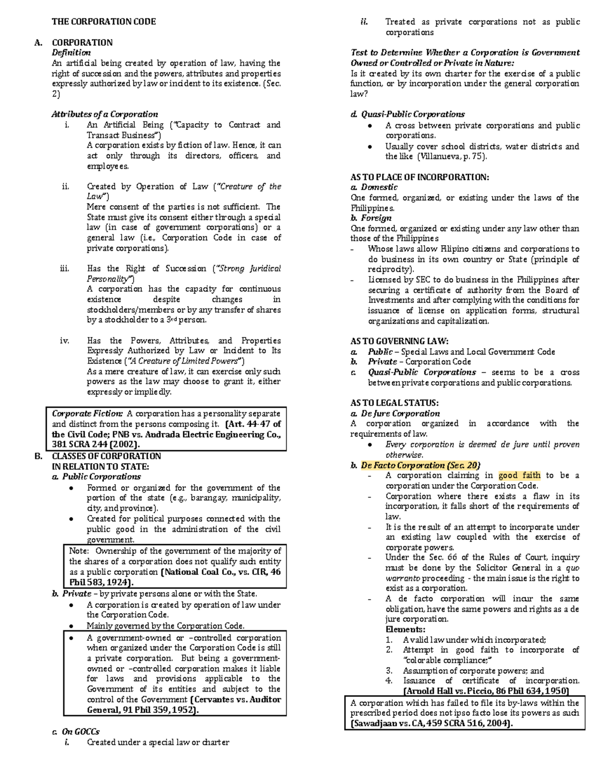 CORPORATION CODE REVIEWER (244502256): KEY CONCEPTS AND DEFINITIONS - Studocu