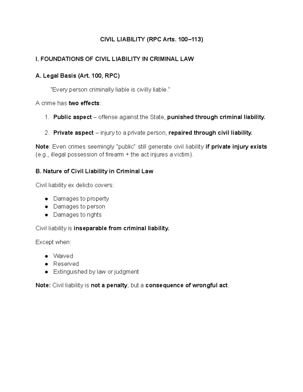 CIVIL LIABILITY IN CRIMINAL LAW (RPC) - Key Concepts & Effects - Studocu