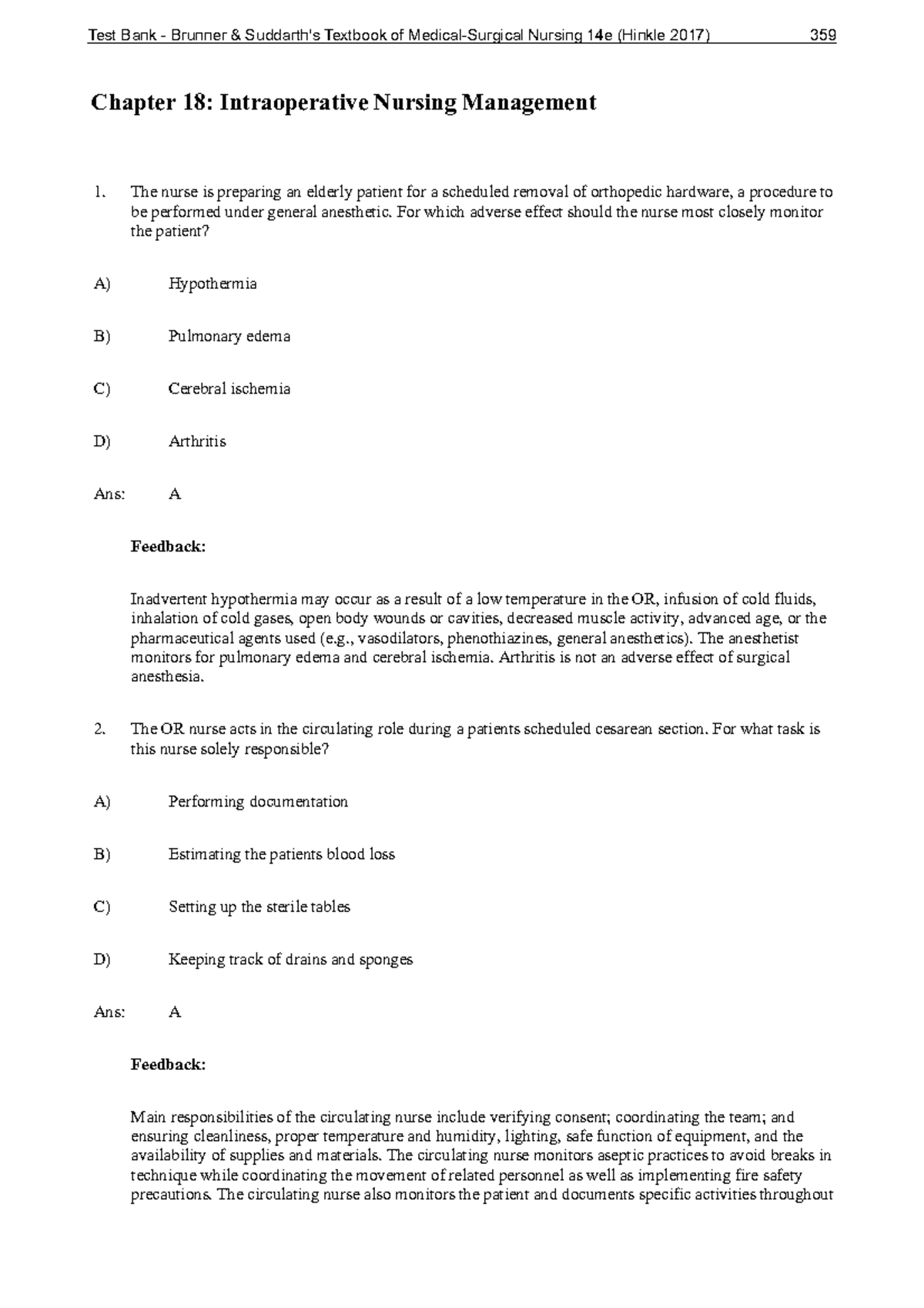 Ch 18 - Intraoperative Nursing Management Test Bank Review - Studocu