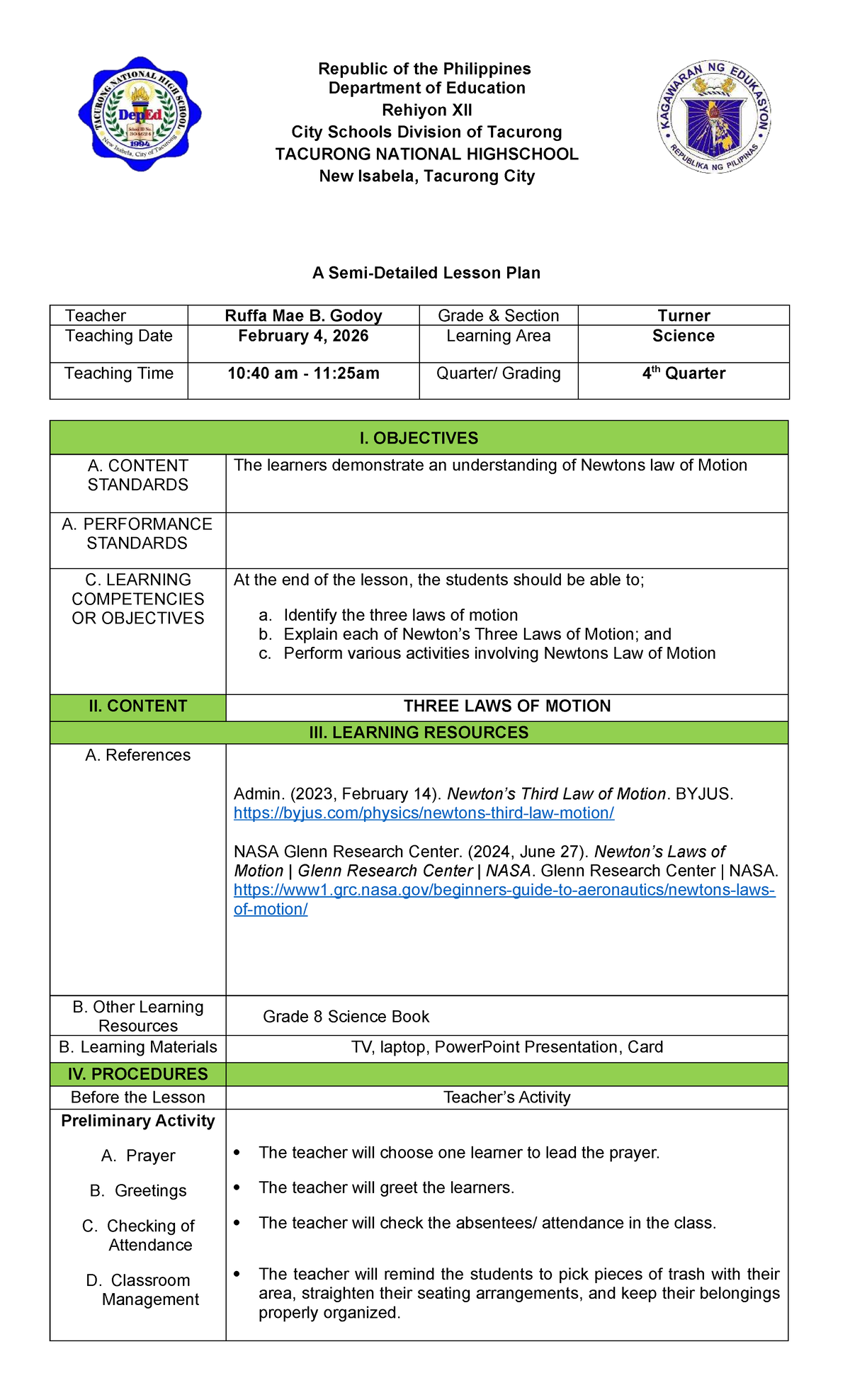 Grade 8 Science Lesson Plan: Newton's Laws of Motion - Studocu