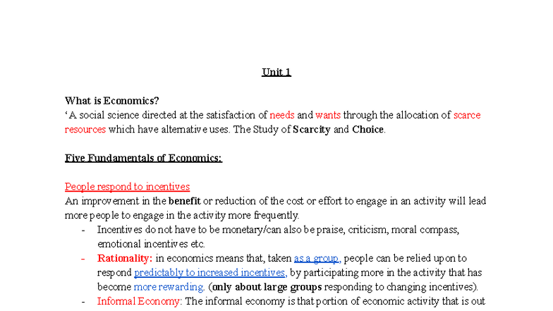 ECON 101 Unit 1 Study Notes: Fundamentals of Economics Explained - Studocu