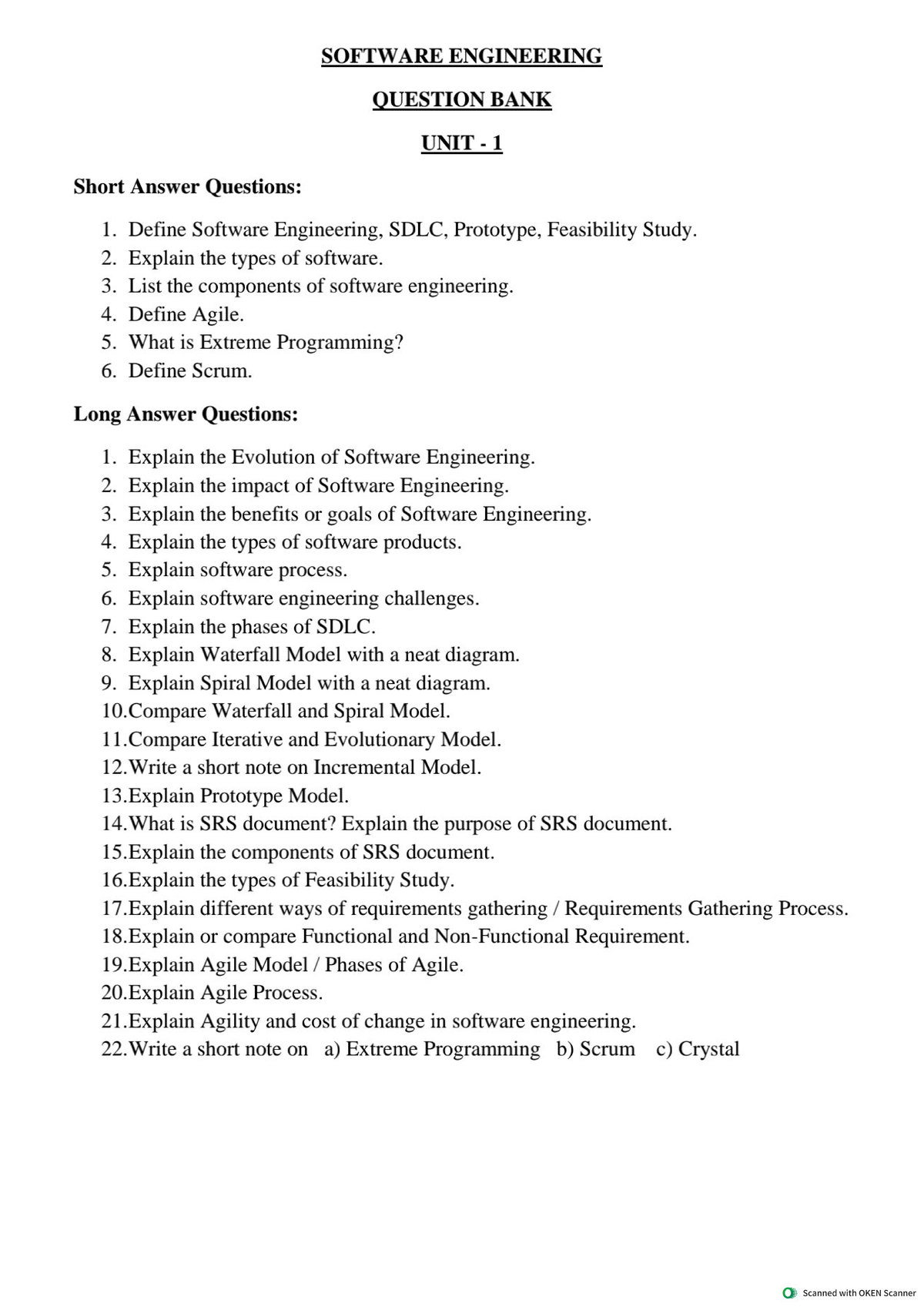 SE - Question Bank: Software Engineering Unit 1 to 4 Overview - Studocu