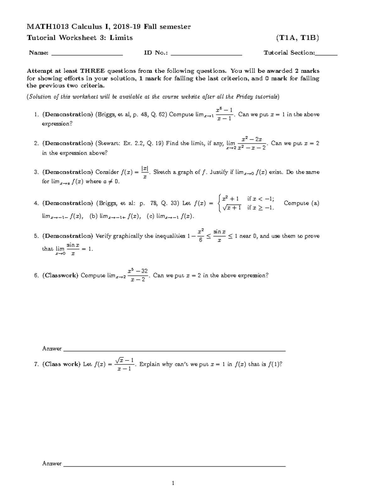 Worksheet 4 - Tiezheng QIAN - MATH1013 Calculus I, Fall semester Tutorial Worksheet 3: Limits ...
