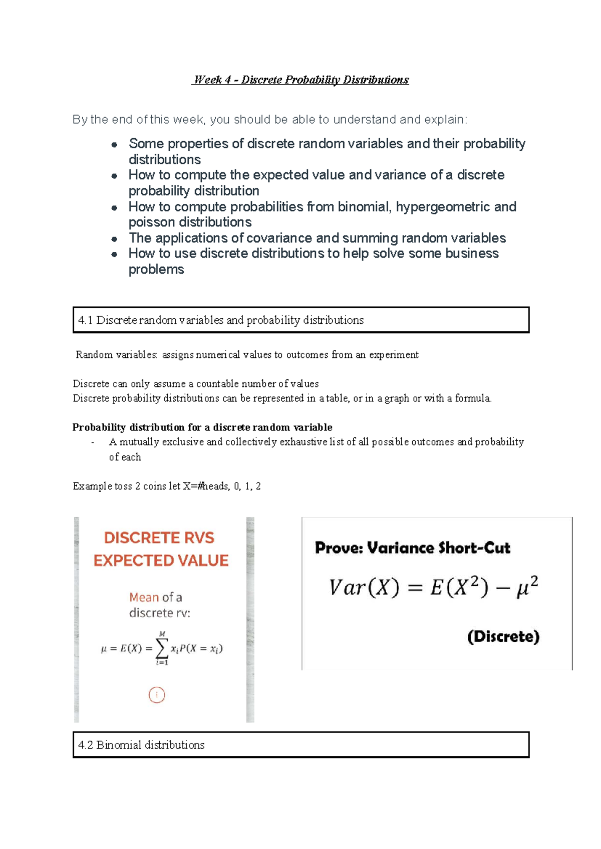 Week 4 - Discrete Probability Distributions: Key Concepts ...