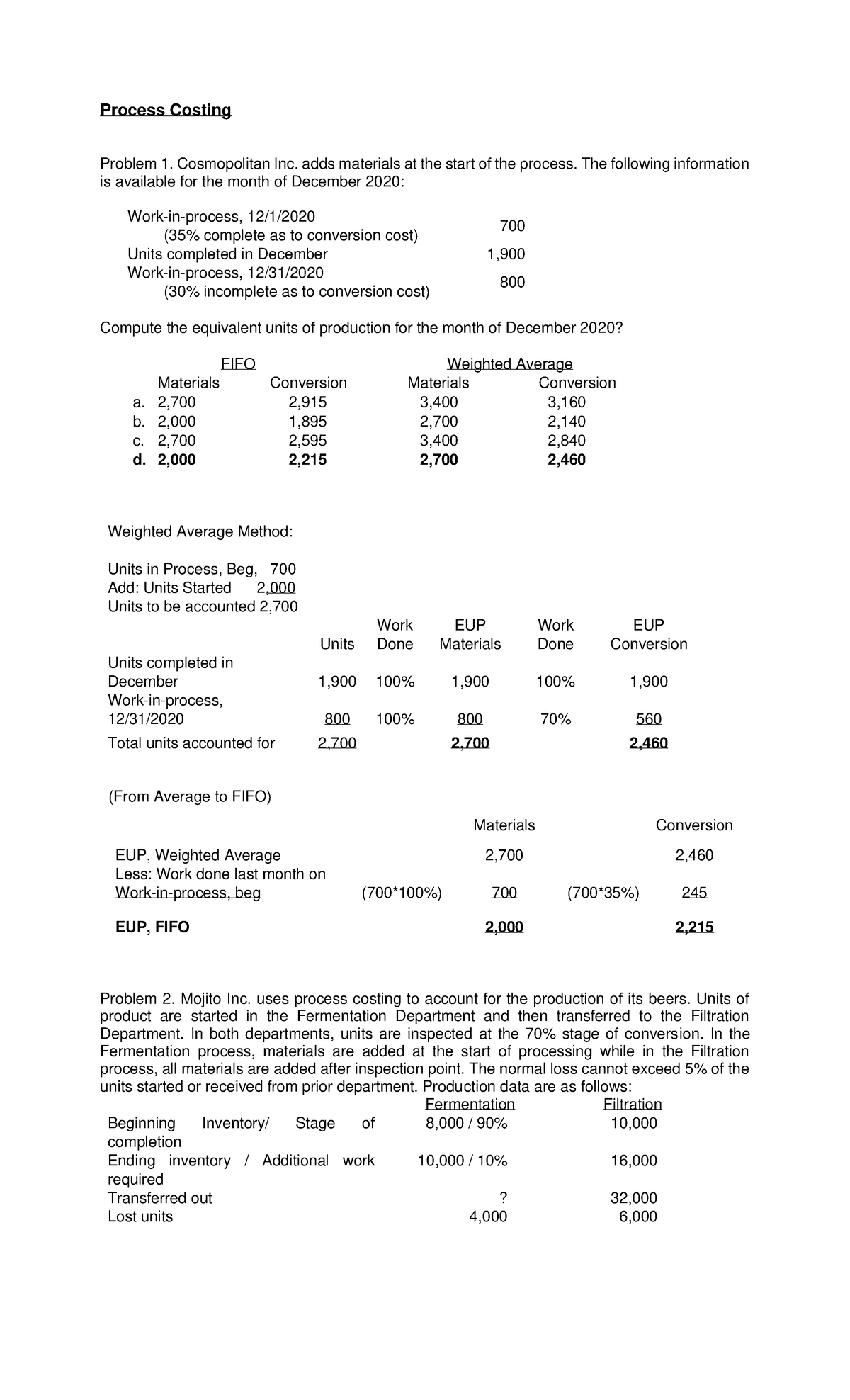 Process Costing Problems and Solutions for ACC 101 - Studocu