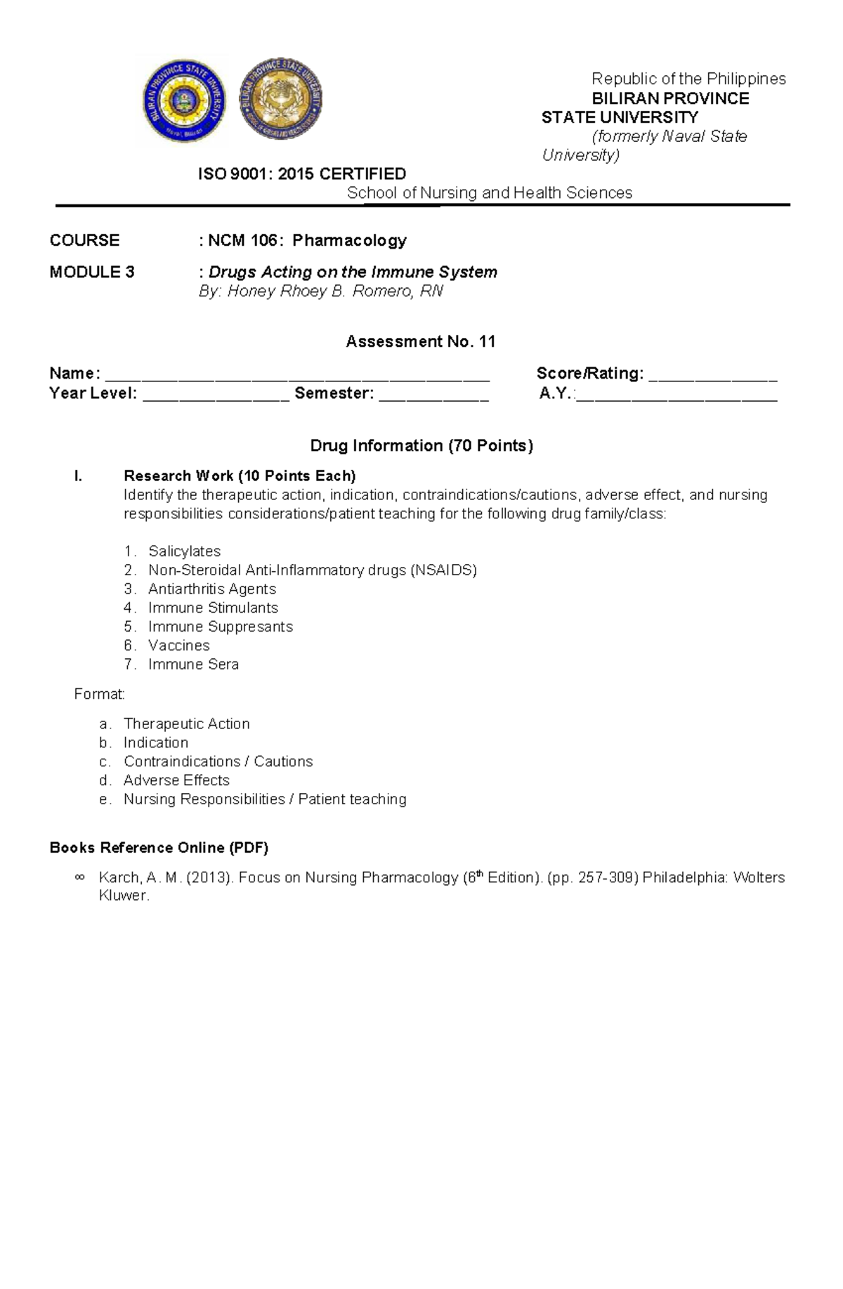 NCM 106: Pharmacology Module 3 - Immune System Drug Assessment - Studocu