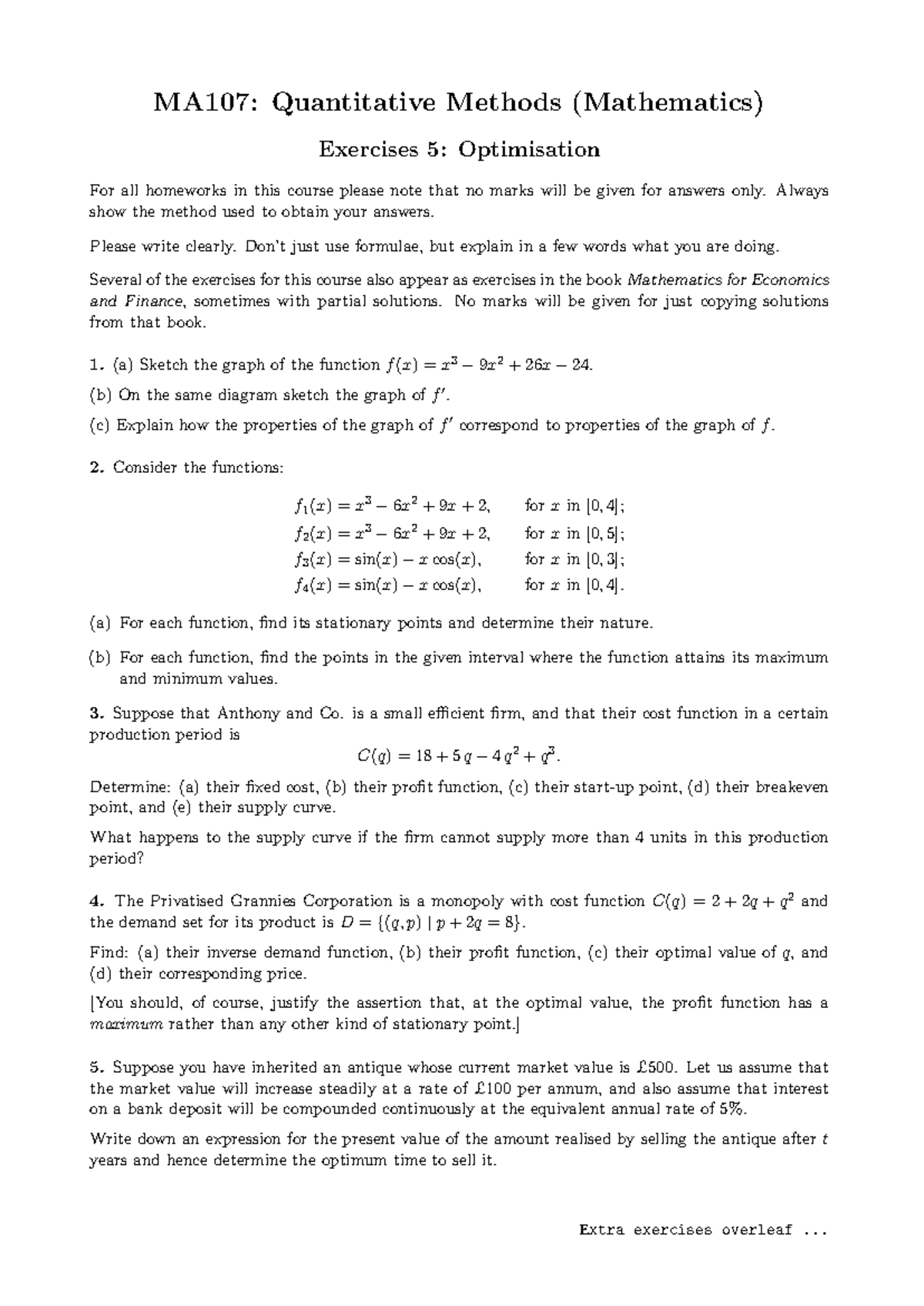MA107: Quantitative Methods Exercises 5 - Optimisation Techniques - Studocu