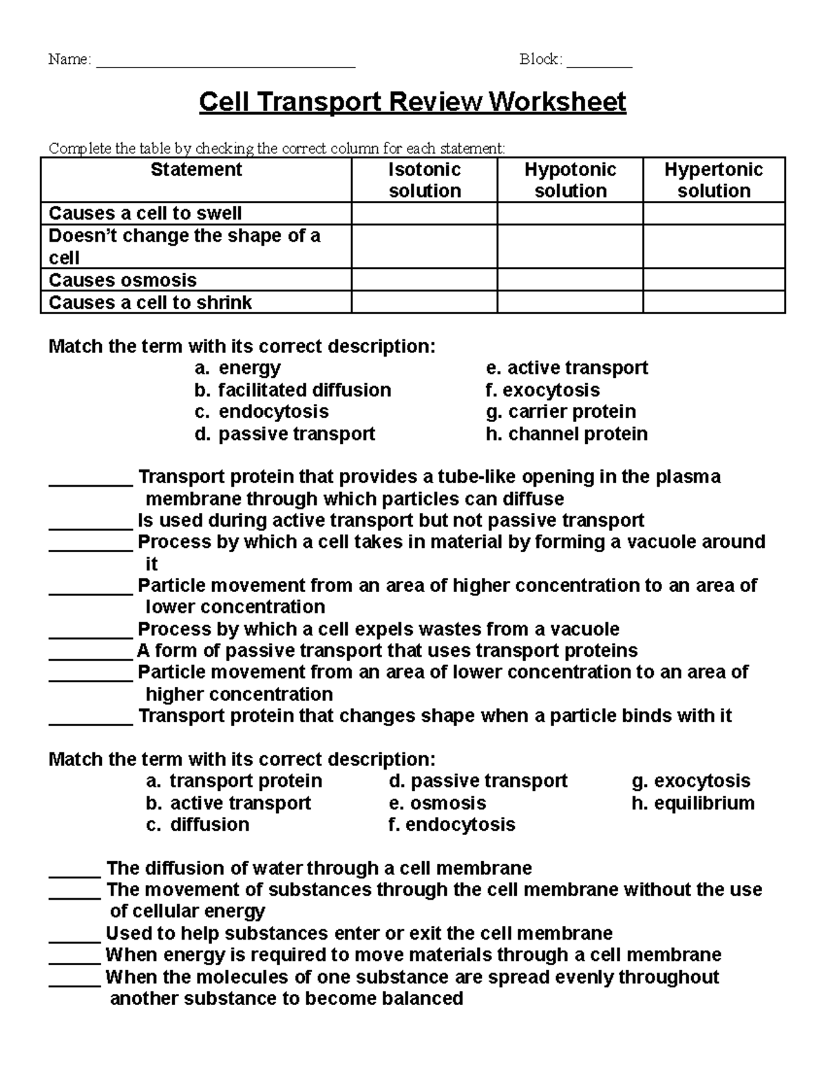 Cell Transport Review Worksheets - Name ...