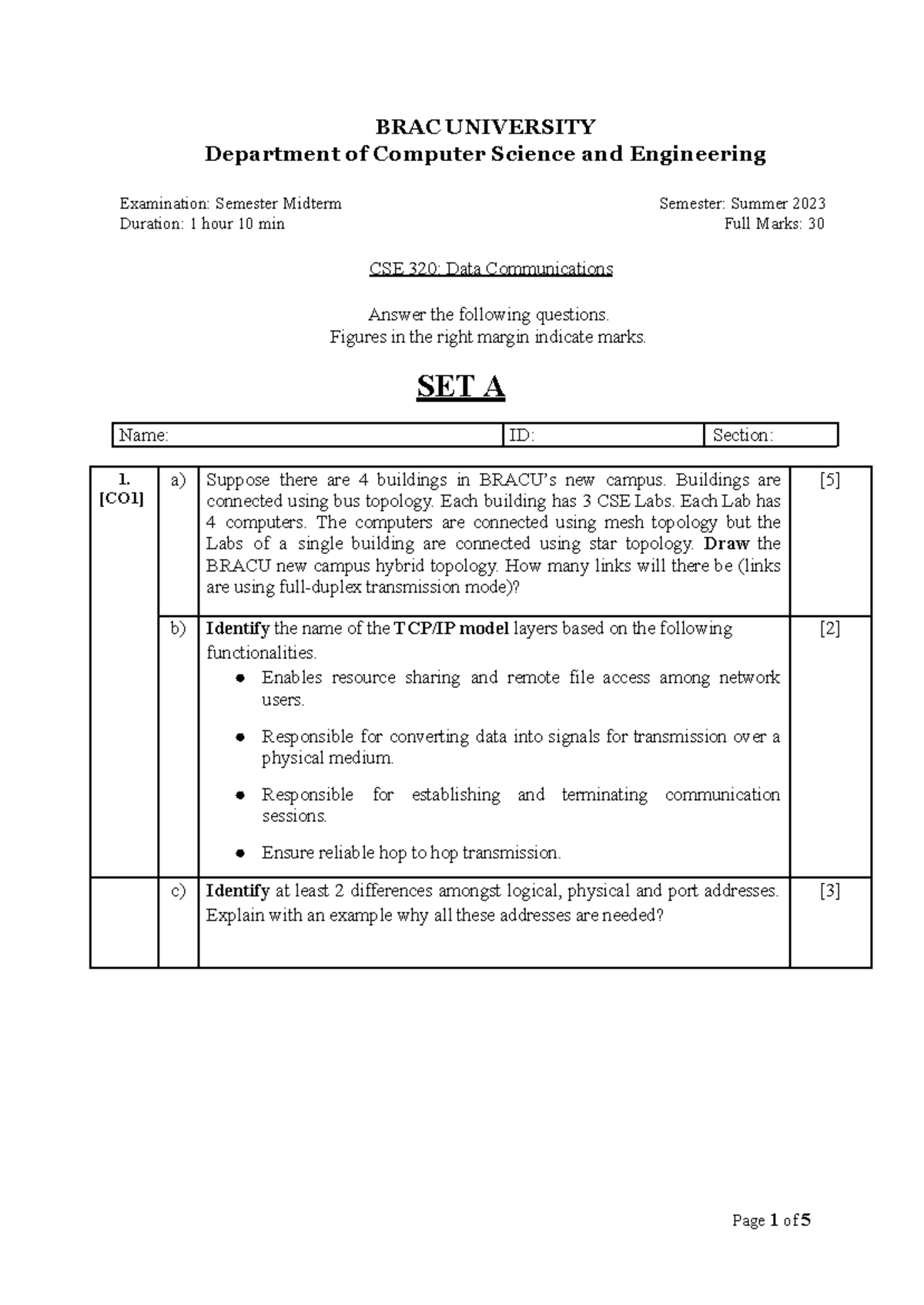 CSE 320: Data Communications Midterm Exam Questions - Summer 2023 - Studocu