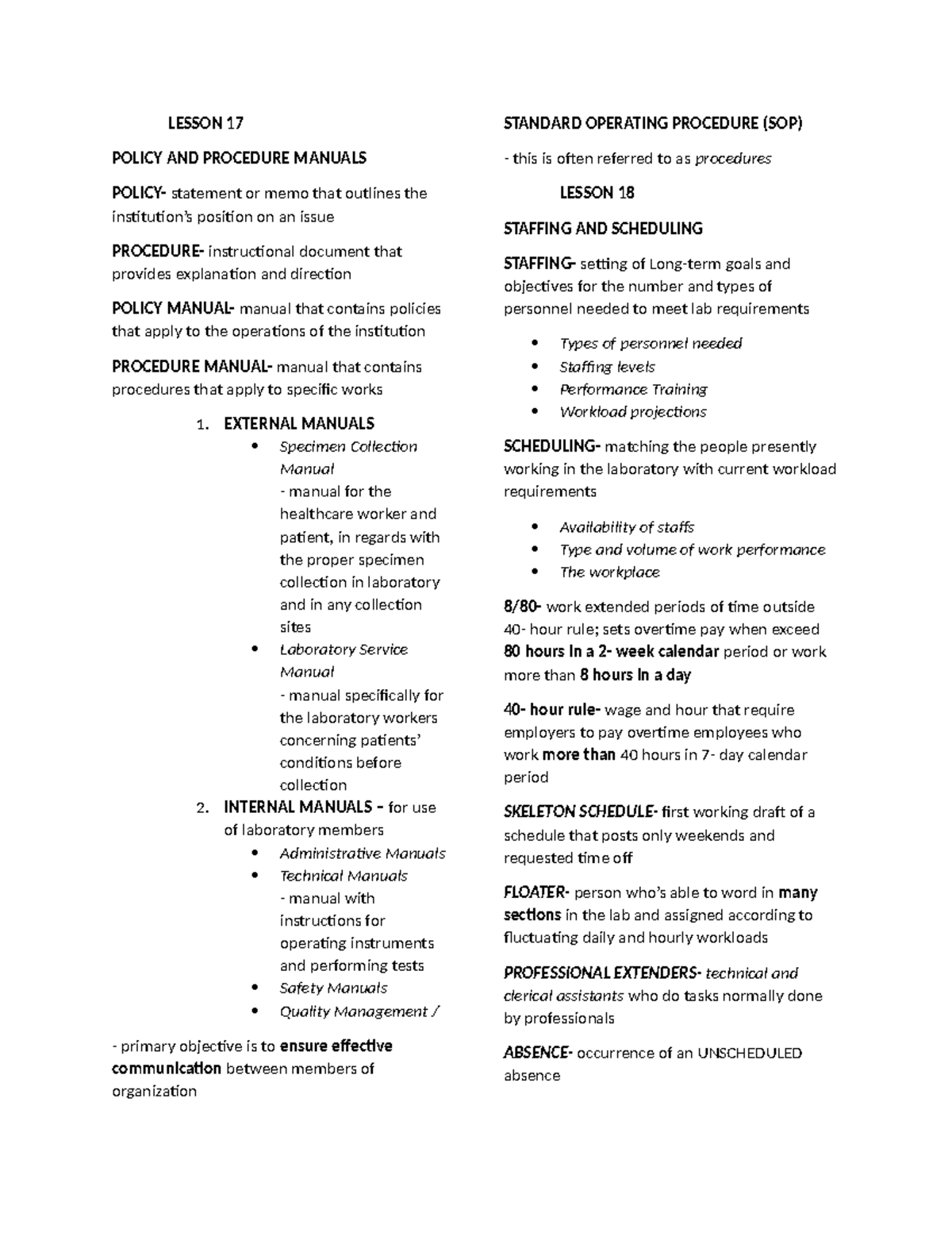 Lab-management-reviewer - LESSON 17 POLICY AND PROCEDURE MANUALS POLICY ...