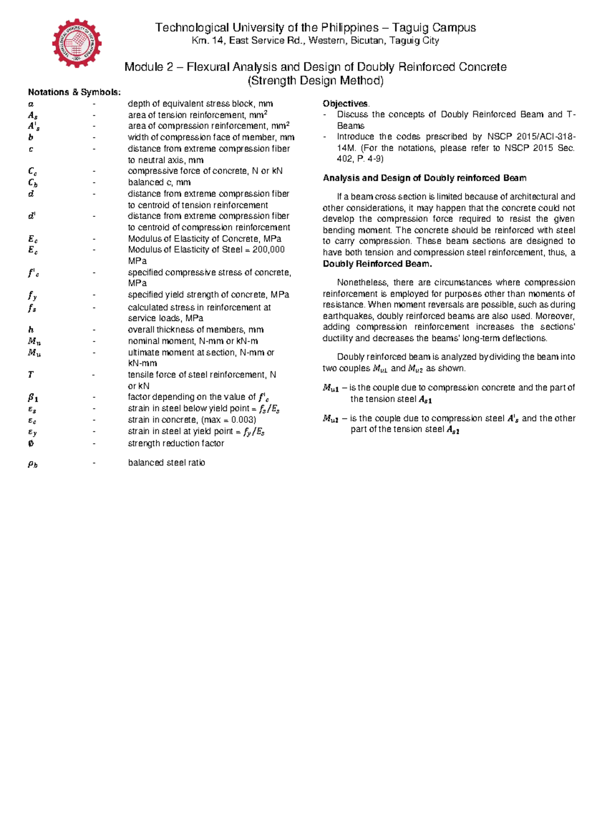 Module 2 - Flexural Analysis & Design of Doubly Reinforced Beam ...
