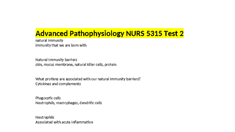 Advanced Pathophysiology NURS 5315 Test 2: Natural Immunity Overview ...