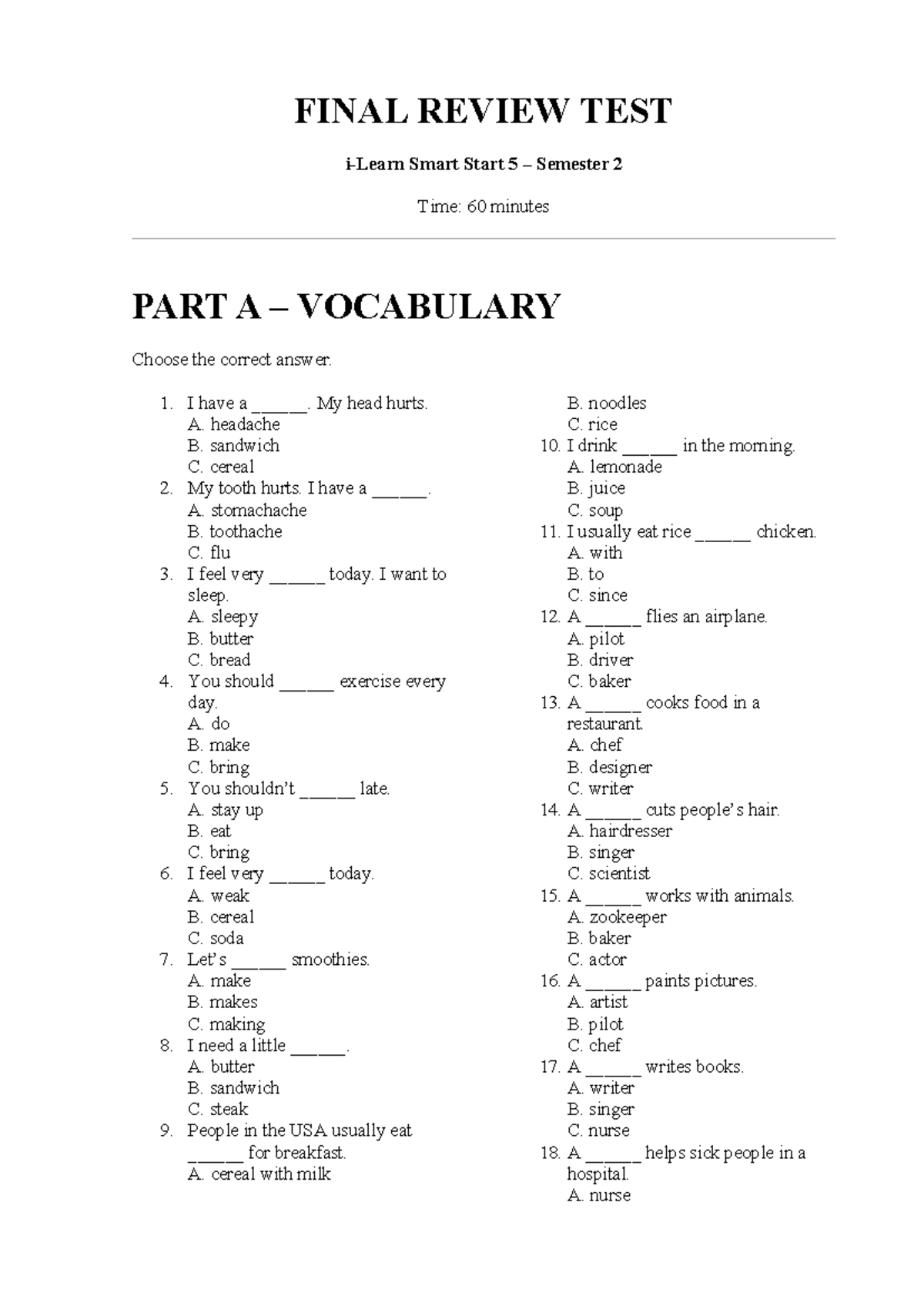 FINAL REVIEW TEST Smart Start 5 Semester 2 - Vocabulary & Grammar - Studocu
