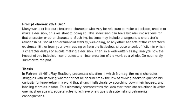 AP Lit Question 3 Essay Guidelines: Analyzing Indecision in Fahrenheit ...