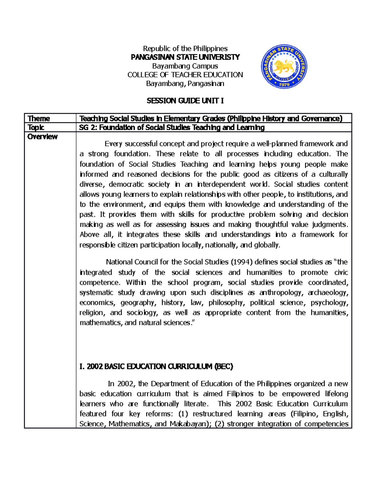 EGE-101-SG2 - Teaching Social Studies in elementary grades - Republic of the Philippines ...