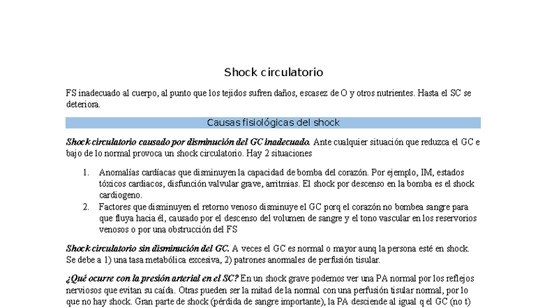 Shock Circulatorio: Causas, Fases y Mecanismos Compensatorios - Studocu