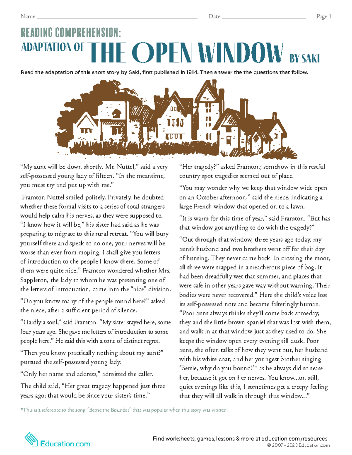 Reading Comprehension: The Open Window Adaptation (Saki) - Studocu