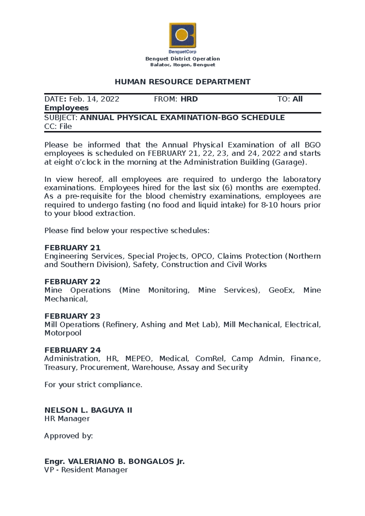 Annual Physical Exam Schedule Memo 2022 [HRD-1975] - Studocu