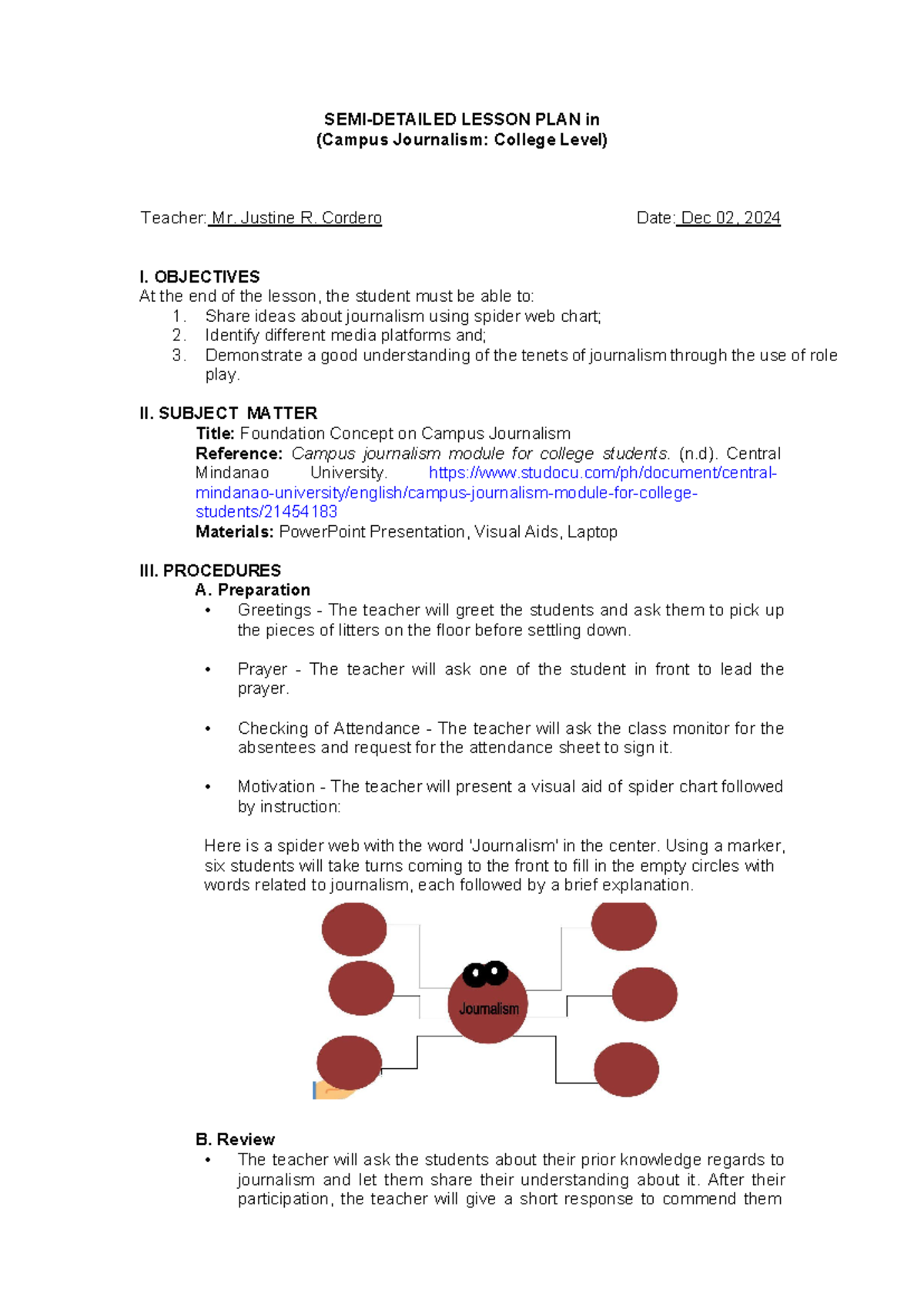 ENG2B Semi-Detailed Lesson Plan on Campus Journalism by Mr. Cordero ...